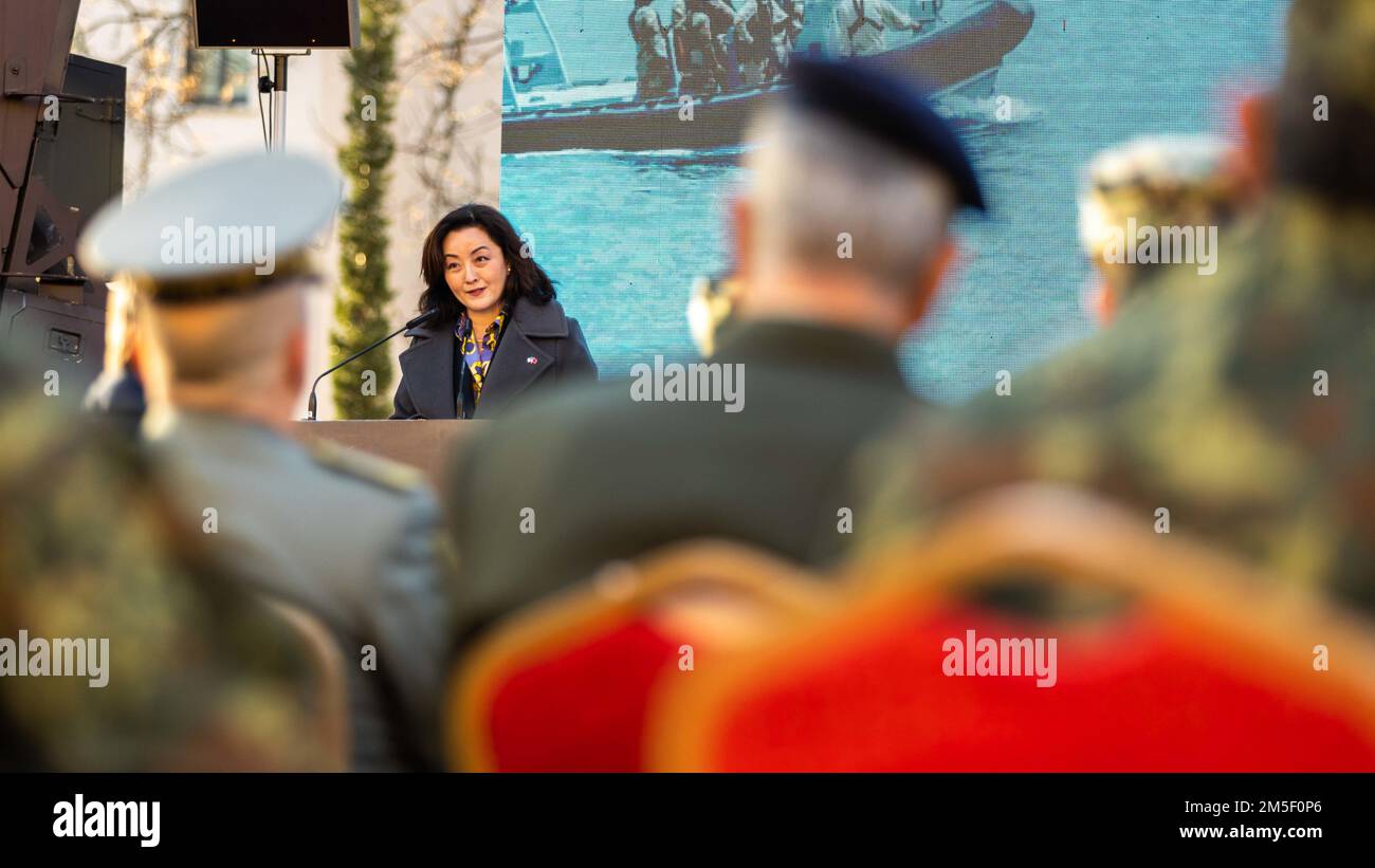 U.S. Ambassador to Albania Yuri Kim delivers a speech at the Task Group ...