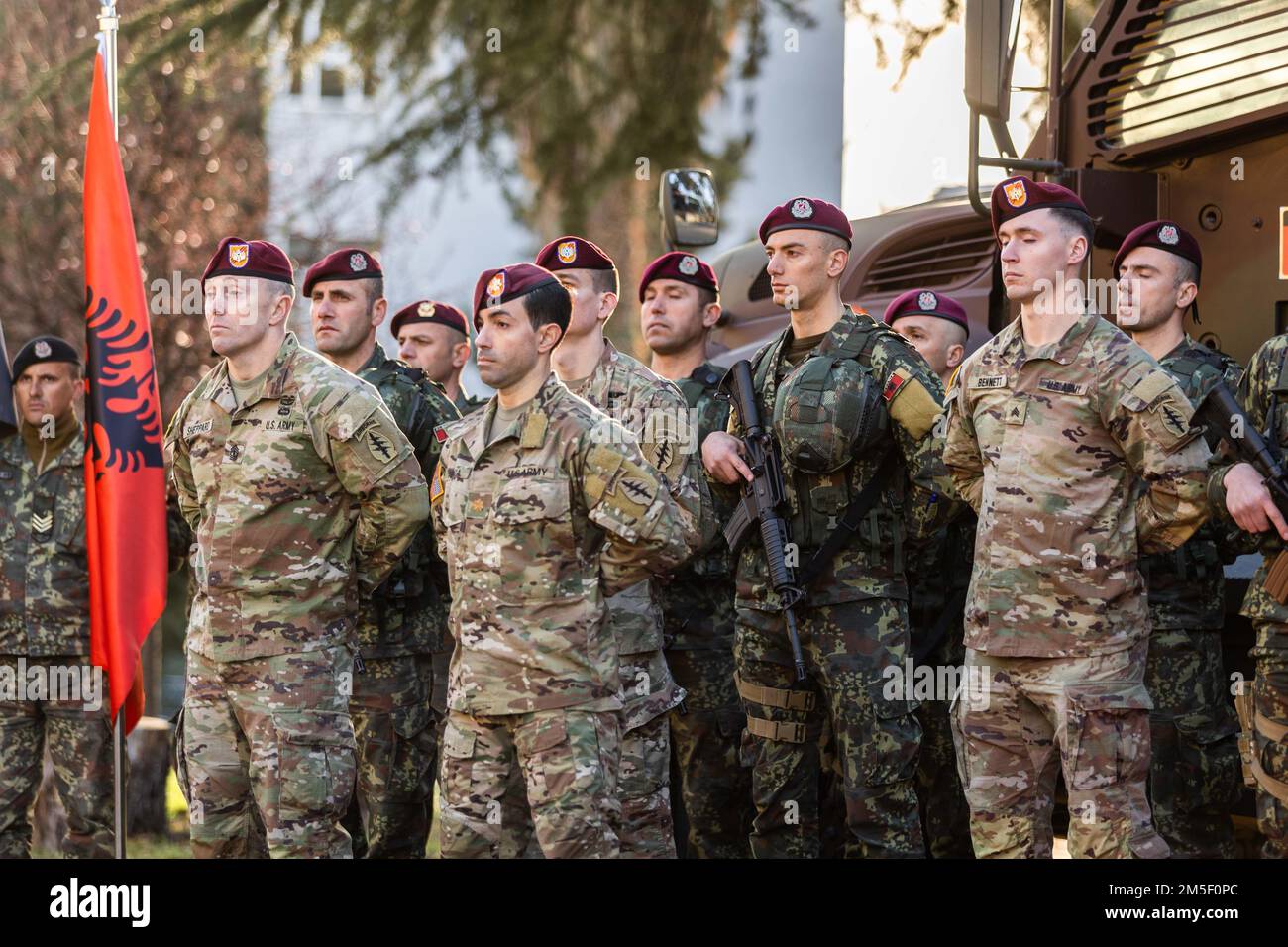 Albanian and U.S. Army soldiers stand during the Task Group Balkans ...