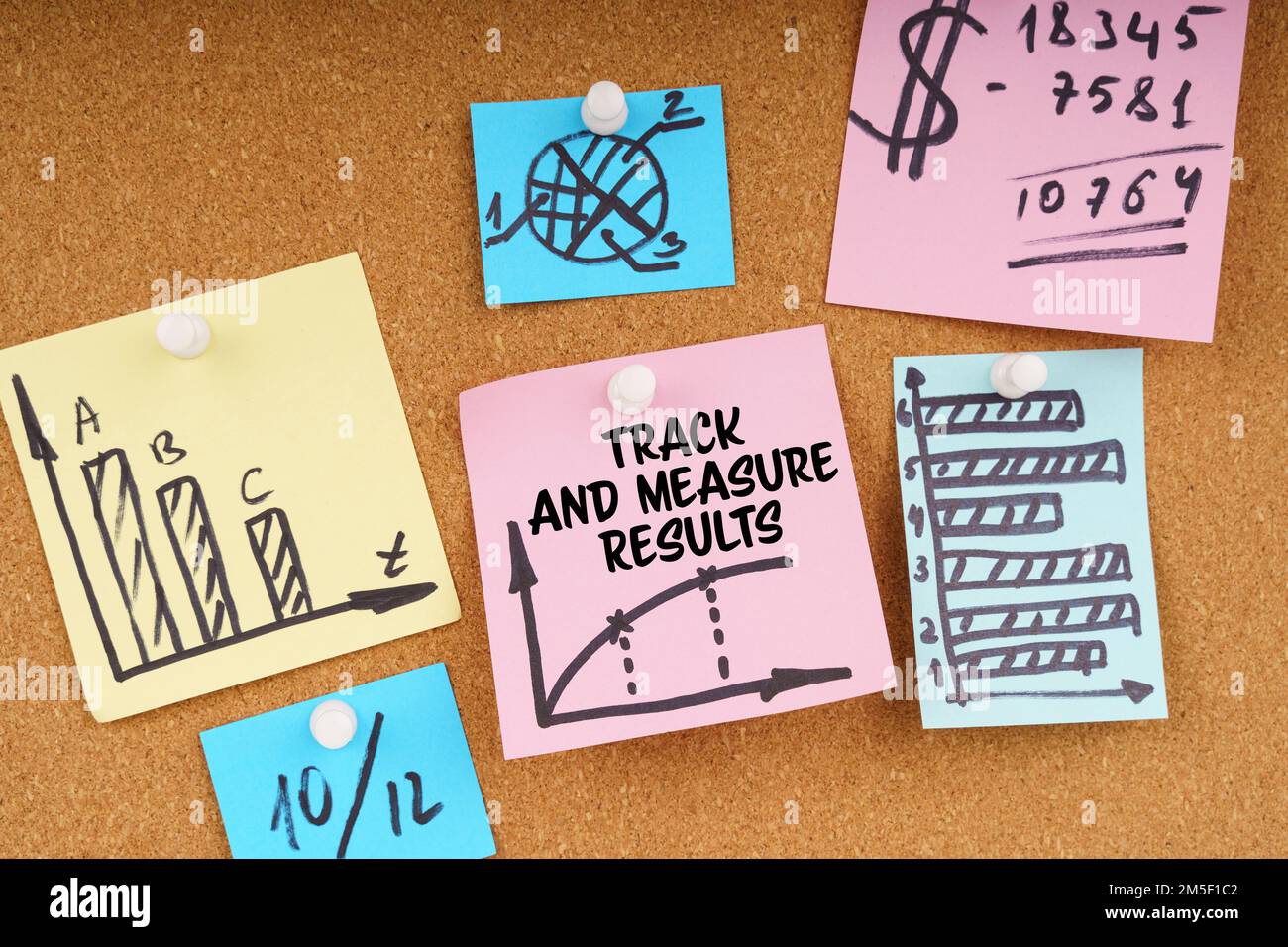 Business concept. On the board are stickers with graphs and diagrams ...