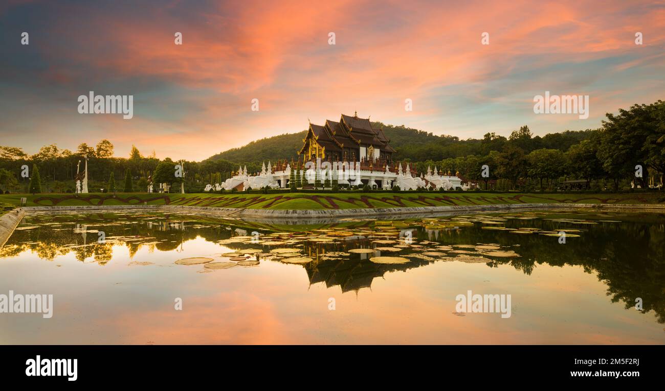 Royal Flora Ratchaphruek Park. The temple of Grand Pavilion or Hor Kam ...