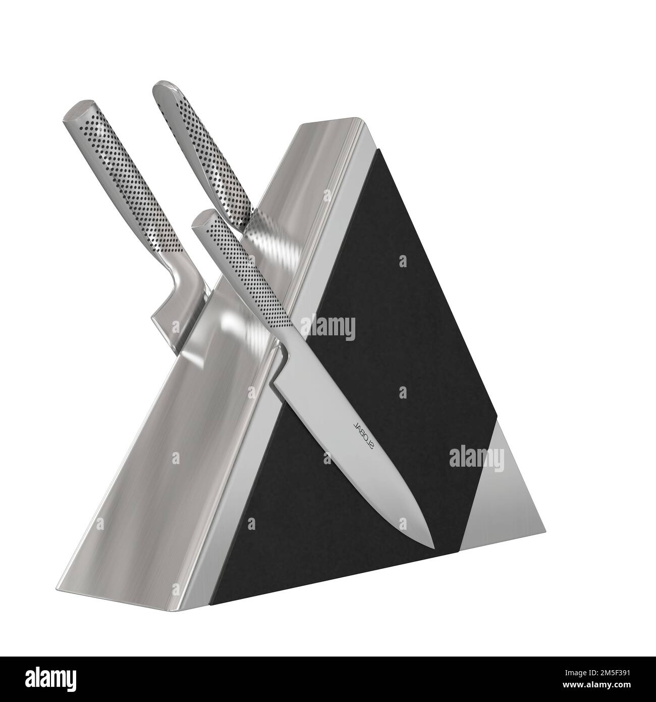 A closeup of a compact knife stand with steel knives on the white ...
