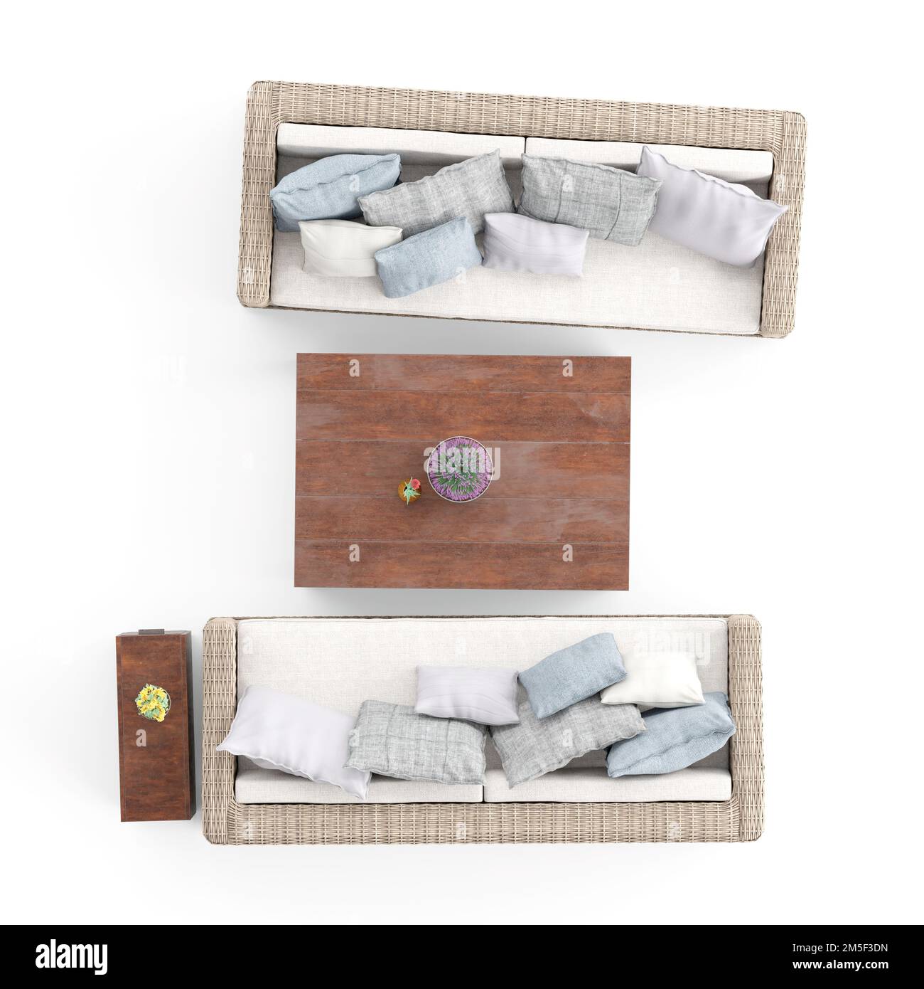 A top high-angle of two soft sofas and a table on the white background ...