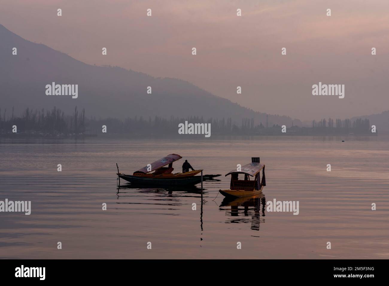 A silhouetted boatman rows his boat on Dal Lake during dusk. (Photo by ...