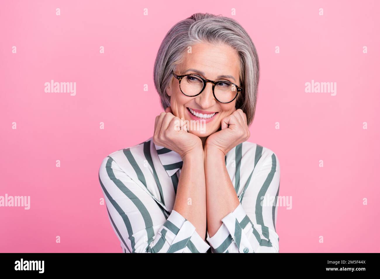 Photo of sweet pretty lady wear smart casual clothes spectacles arms ...