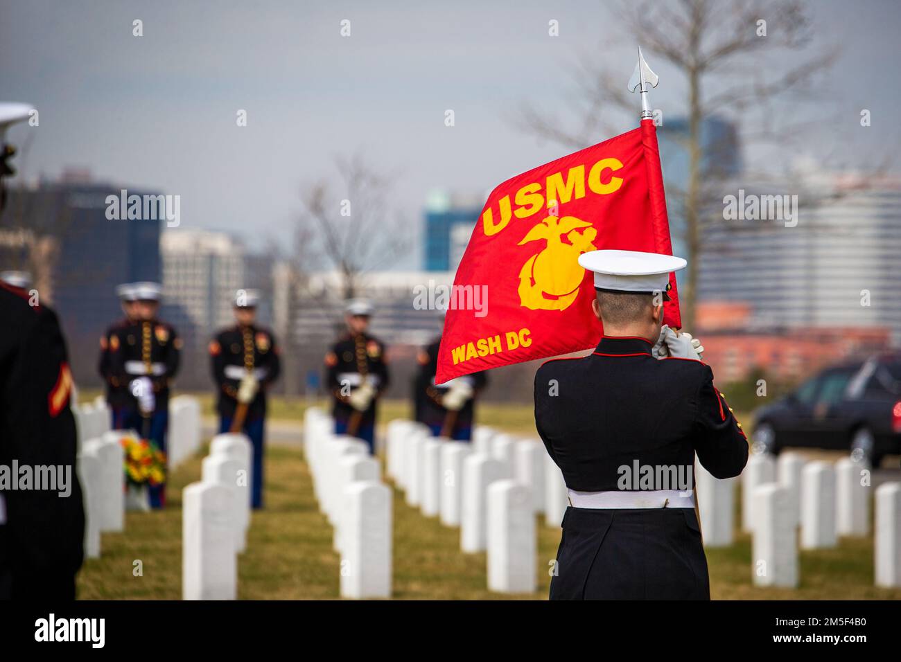 The guidon of Marine Barracks Washington is displayed during a funeral ...