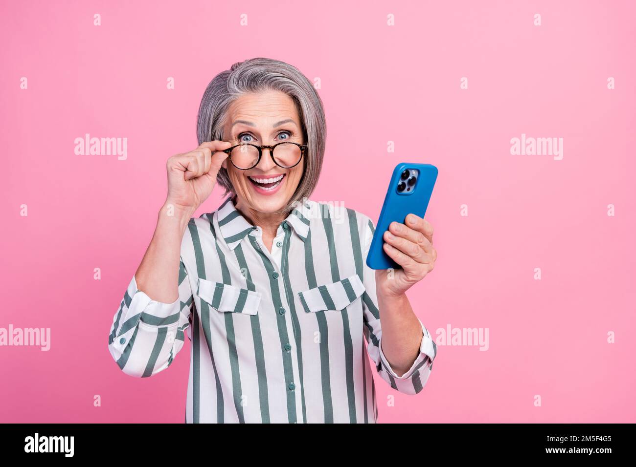 Photo of sweet funny lady wear smart casual clothes online shopping ...