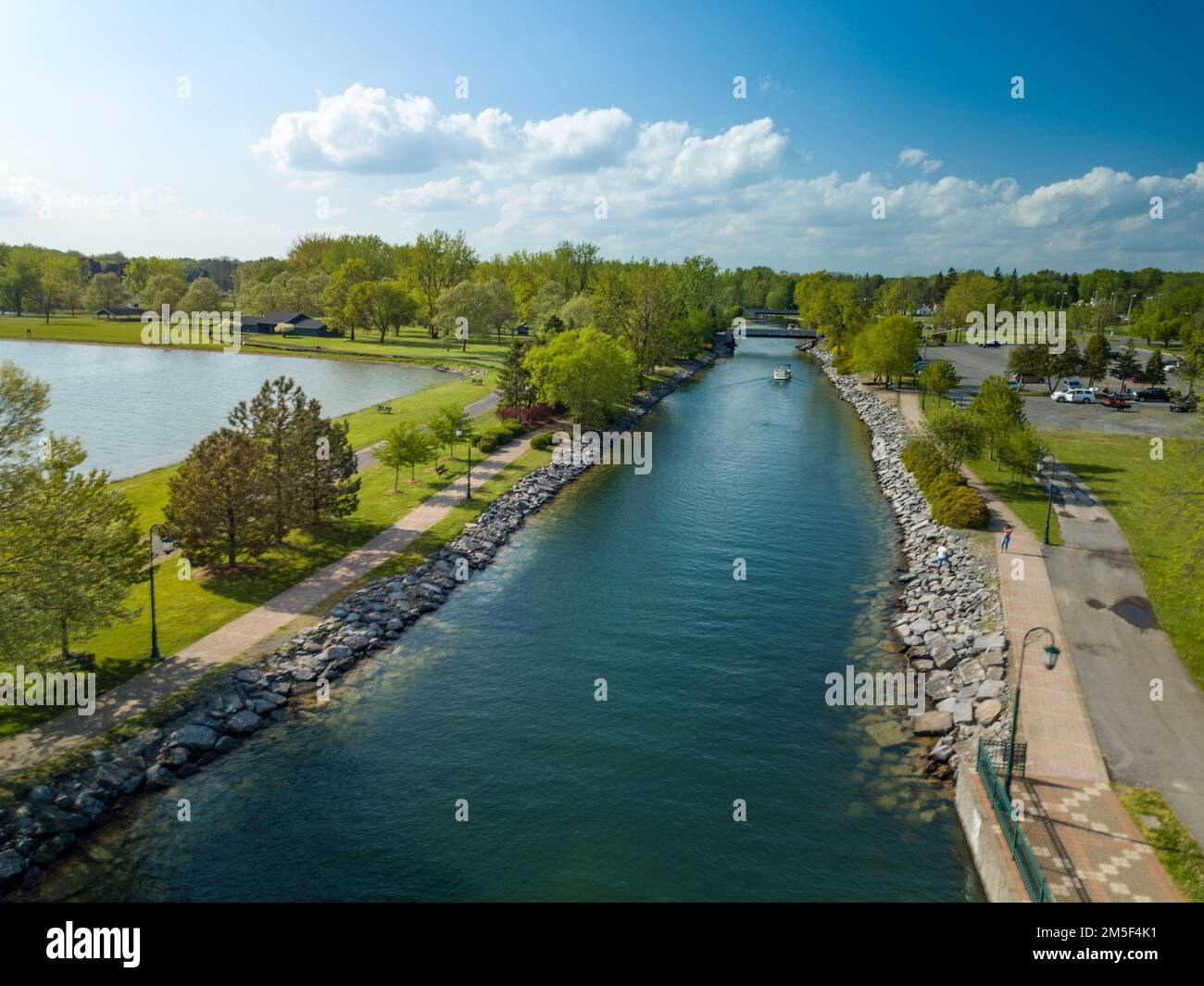An aerial view of the river and greenery of Emerson park before the ...
