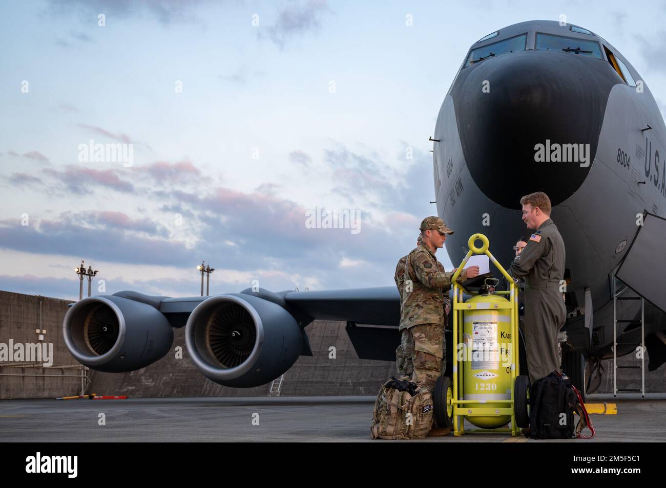 U.S. Airmen from the 190th Air Refueling Wing conduct preflight checks ...