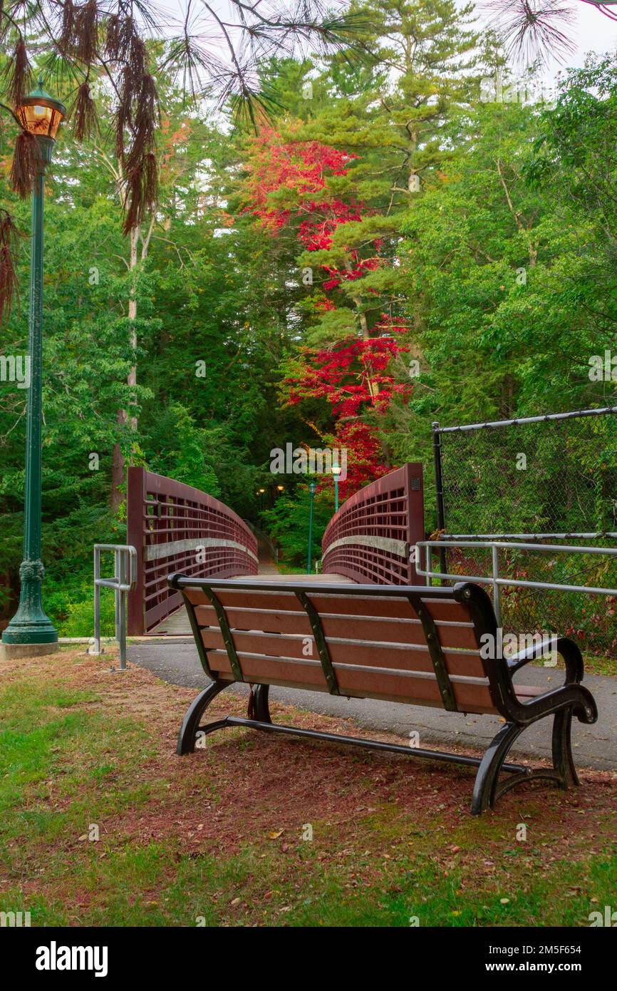 Fall Bench overlooking bridge and river in Yarmouth, Maine Stock Photo ...