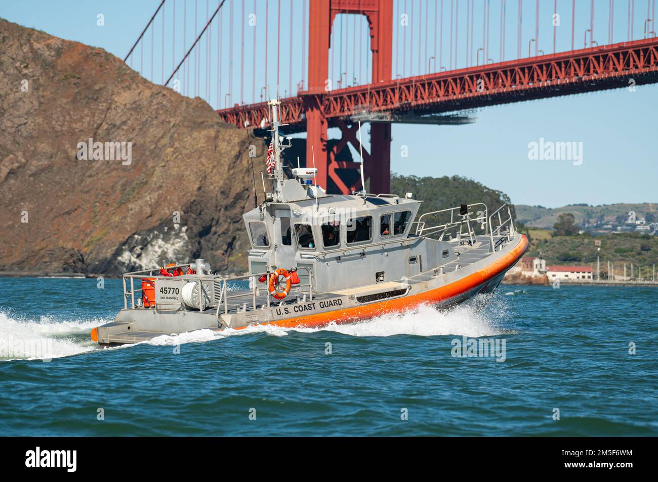 U.S. Coast Guard Station San Francisco crewmembers, aboard a 45-foot ...