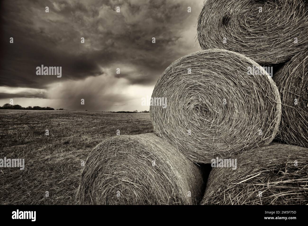 Hay bales in the foreground await a spring thundershower seen ...