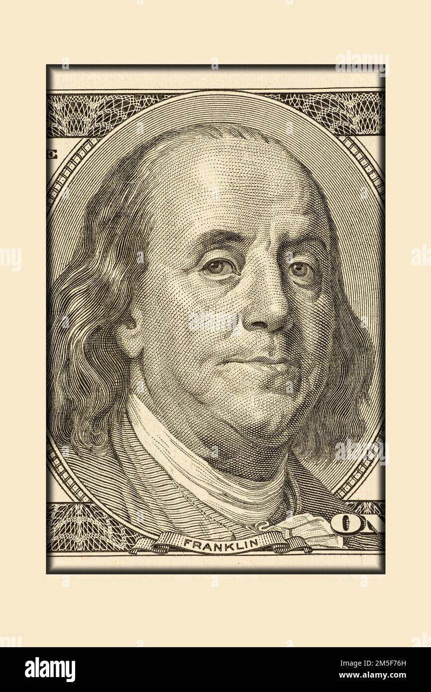 A tremendously sharp macro photograph of American Founding Father Benjamin Franklin, scientist ...