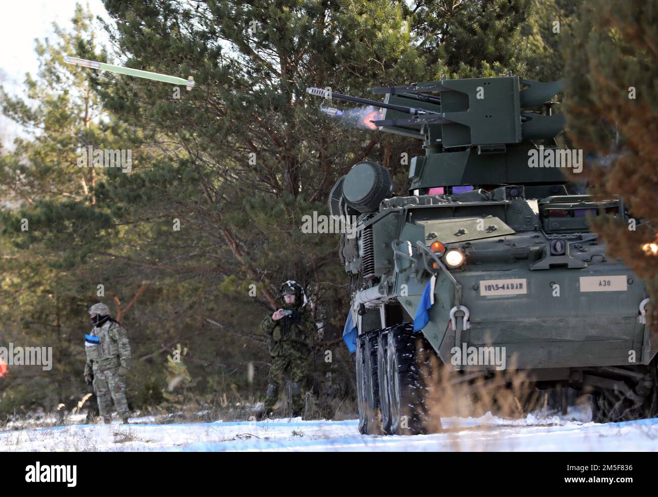 An M-SHORAD Stryker, assigned to the 5th Battalion, 4th Air Defense ...
