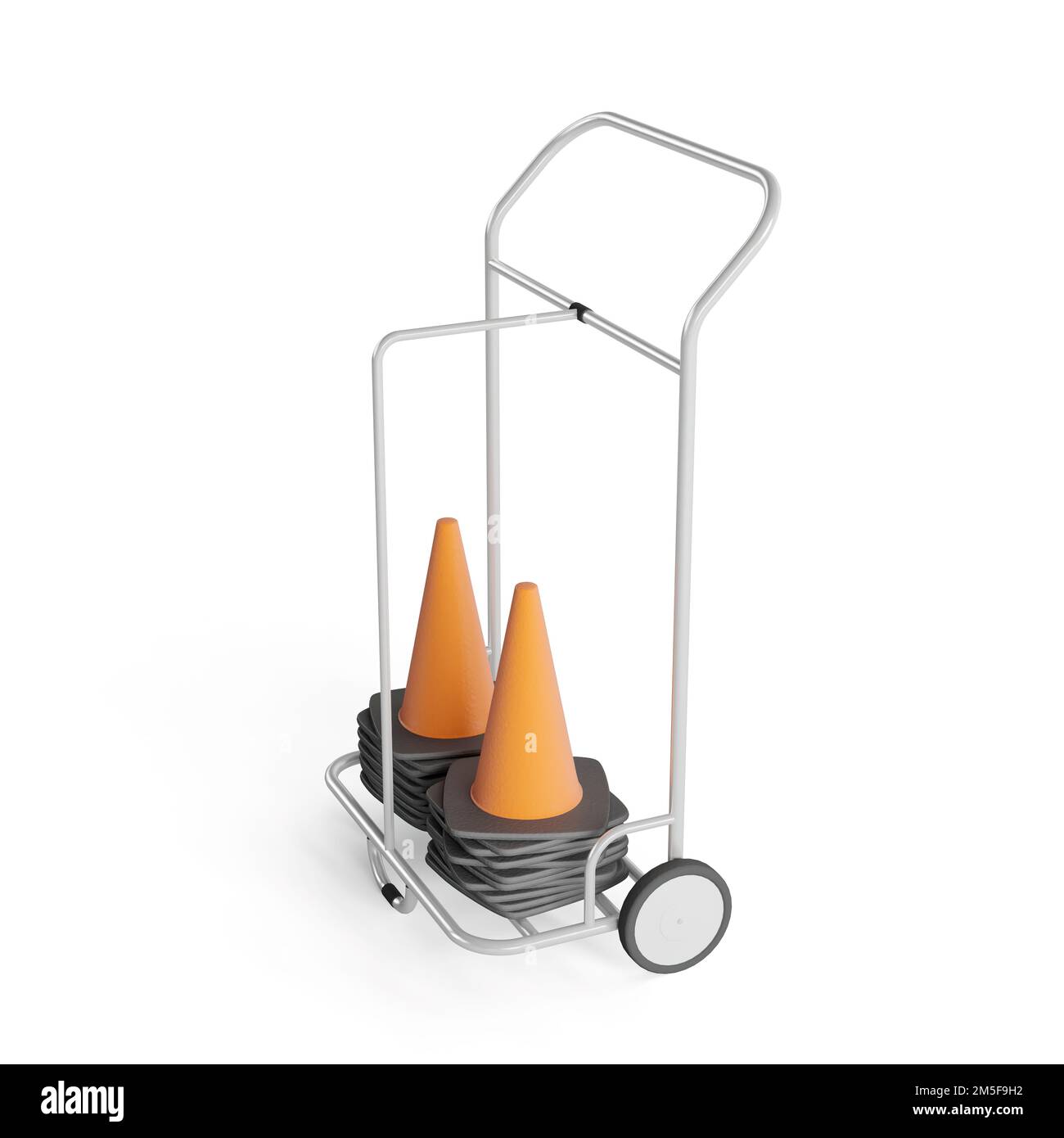 A 3D illustration of signal cones on a two-wheeled trolley isolated on ...