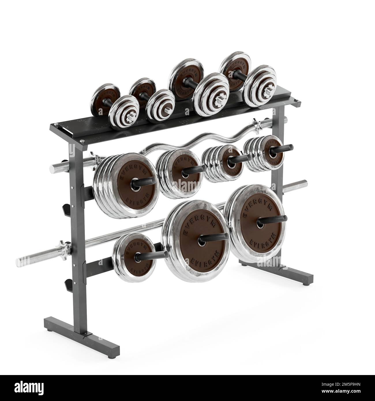 A 3D illustration of Dumbbell and Plate Rack isolated on a white ...