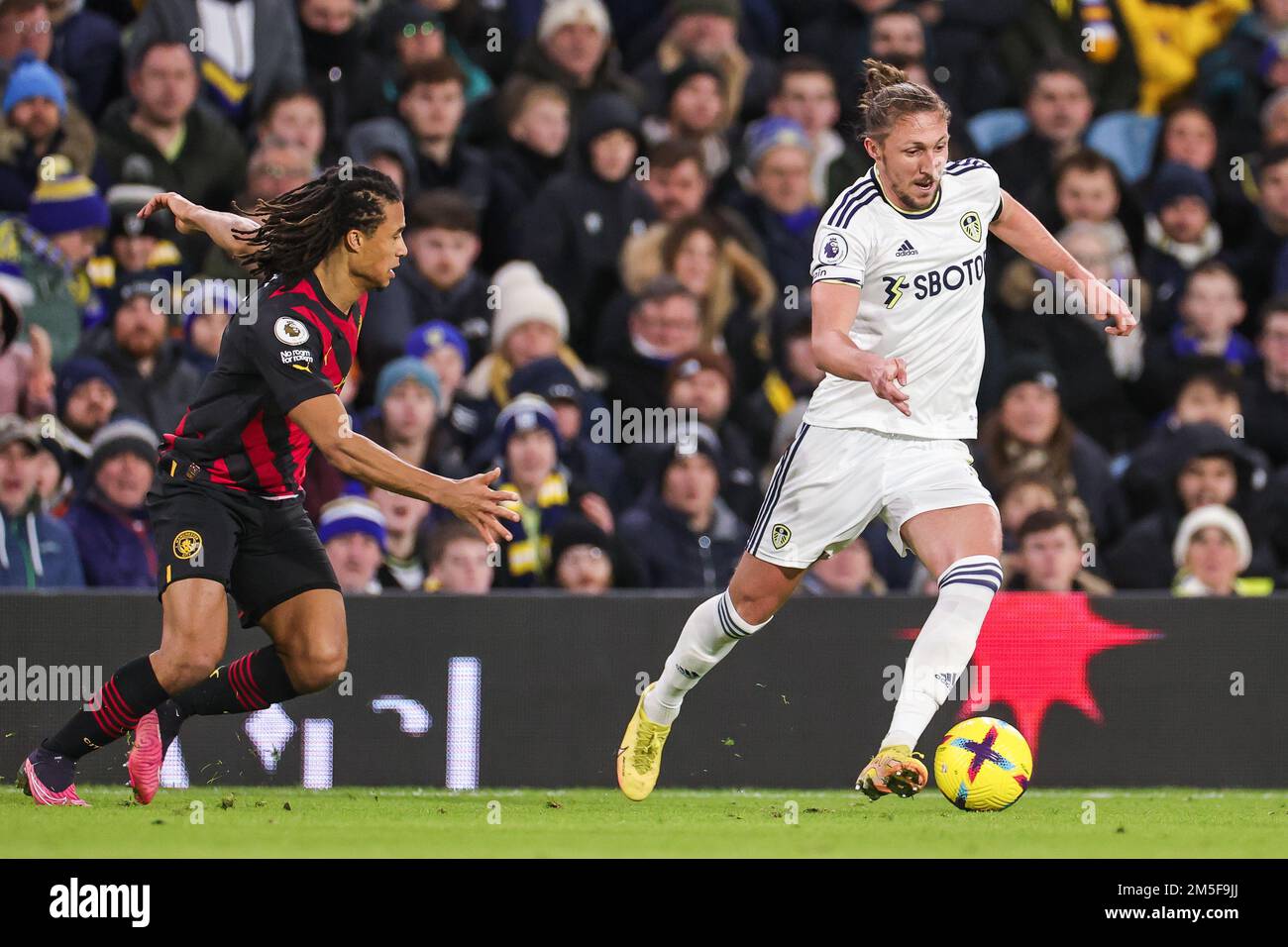 Luke Ayling #2 of Leeds United makes a break with the ball during the ...