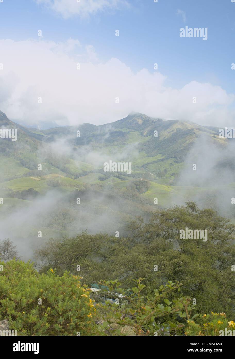 A Beautiful landscape of green valleys on mountains behind mist Stock ...