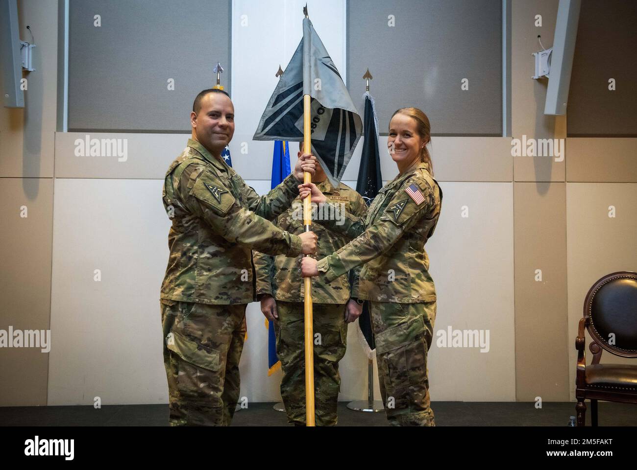 U.S. Space Force Col. Miguel Cruz (left), the Space Delta 4 commander ...
