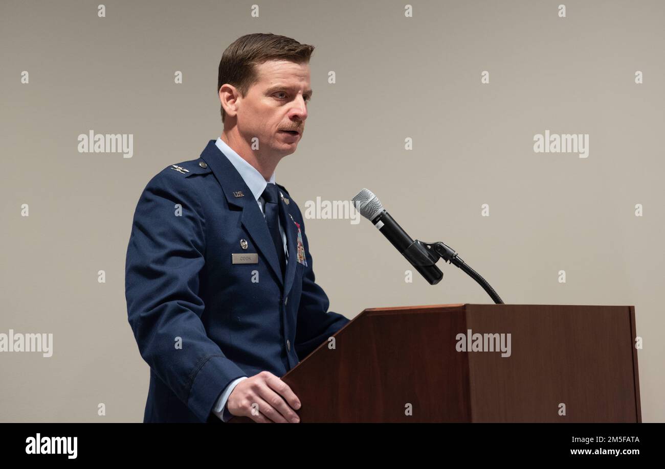 U.S. Air Force Col. Russ Cook, 23rd Wing commander, delivers a speech ...