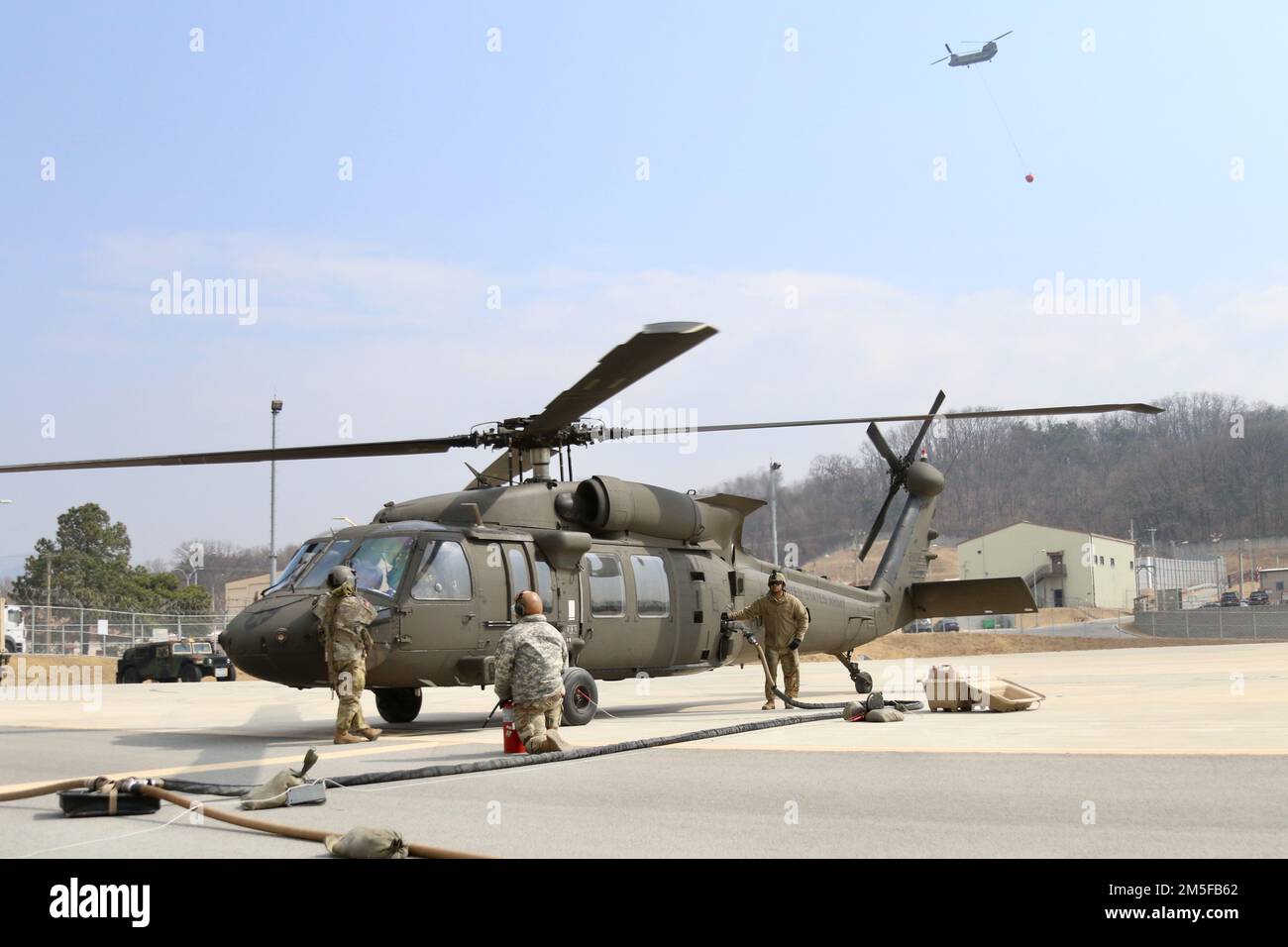 Soldiers assigned to 2-2 Assault Helicopter Battalion refuel a UH-60 ...