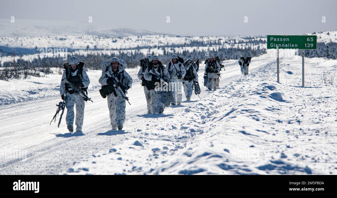 Members of the 3rd Battalion, Royal 22e Régiment Canadian Army hike to ...
