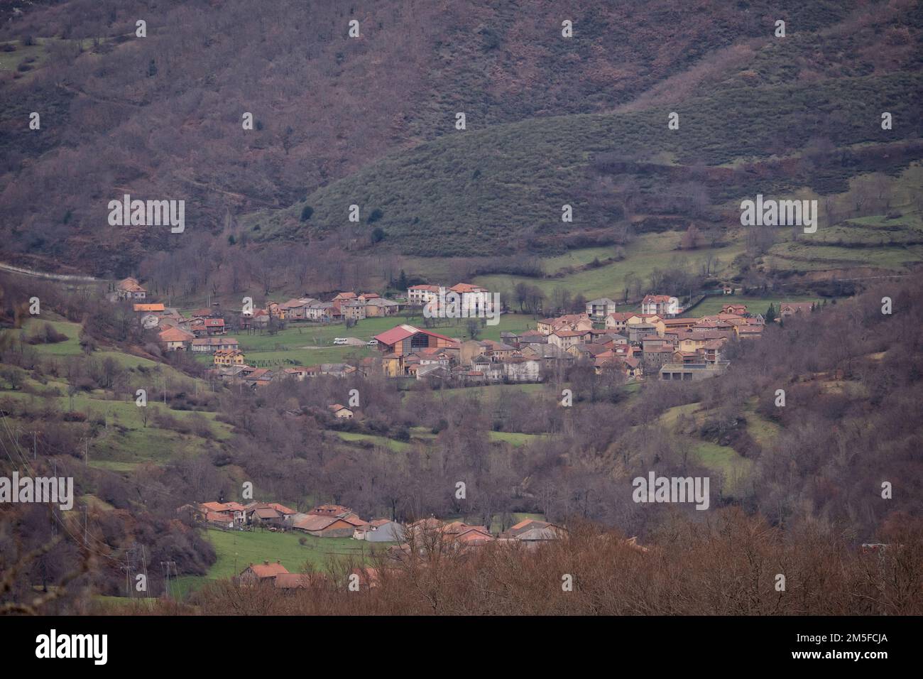 General view of the village of Posada de Valdeon in the Picos de Europa ...