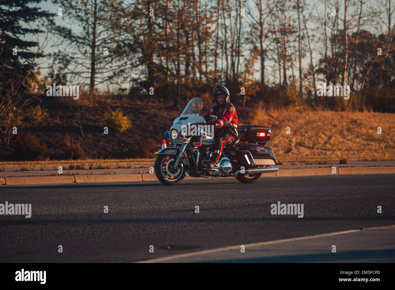 A Calgary Police officer rides a Harley Davidson motorcycle on the ...