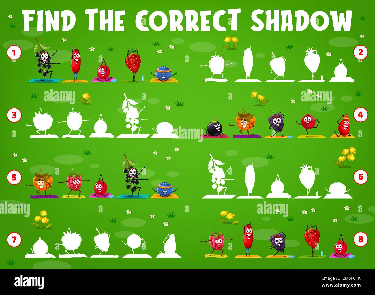 Find the correct shadow cartoon berry characters on yoga fitness. Kids ...