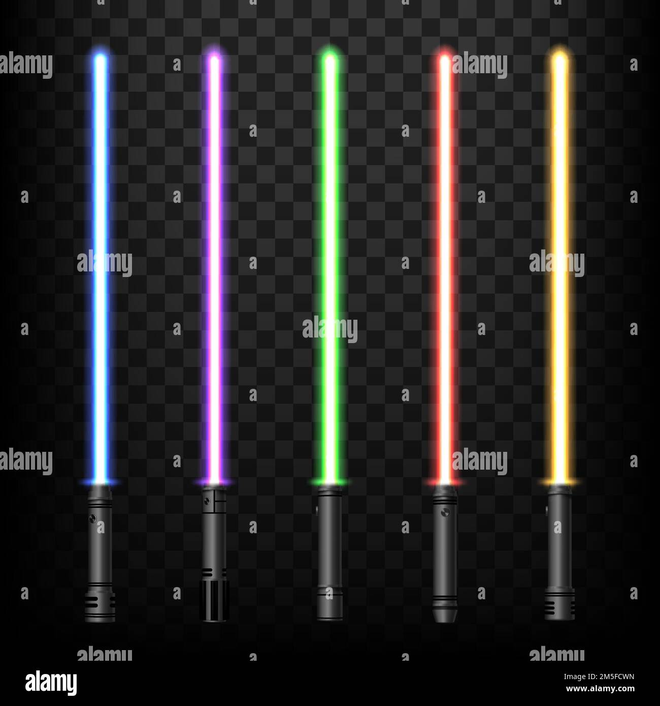 Light swords, glow sabers set. Isolated vector blue, purple, green, yellow and red laser jedi ...