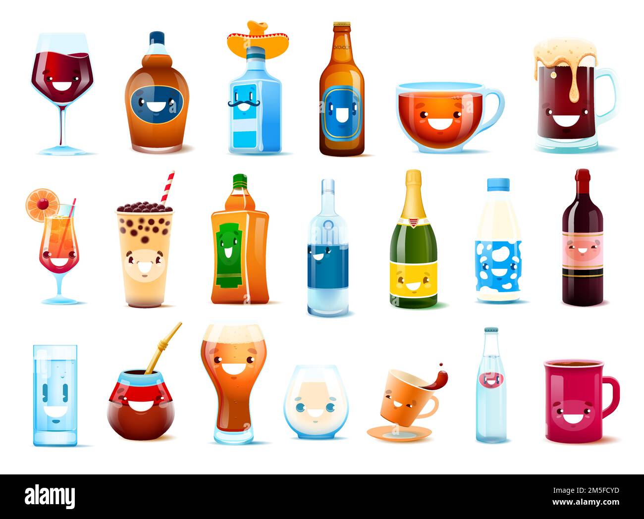 Cartoon cheerful drinks and beverage characters. Isolated vector wine ...