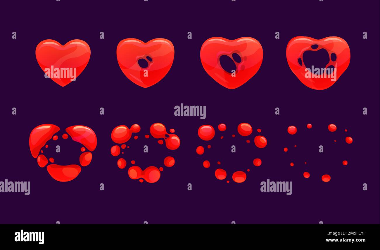 Heart explosion sprite, vector animation sequence frame with red ...