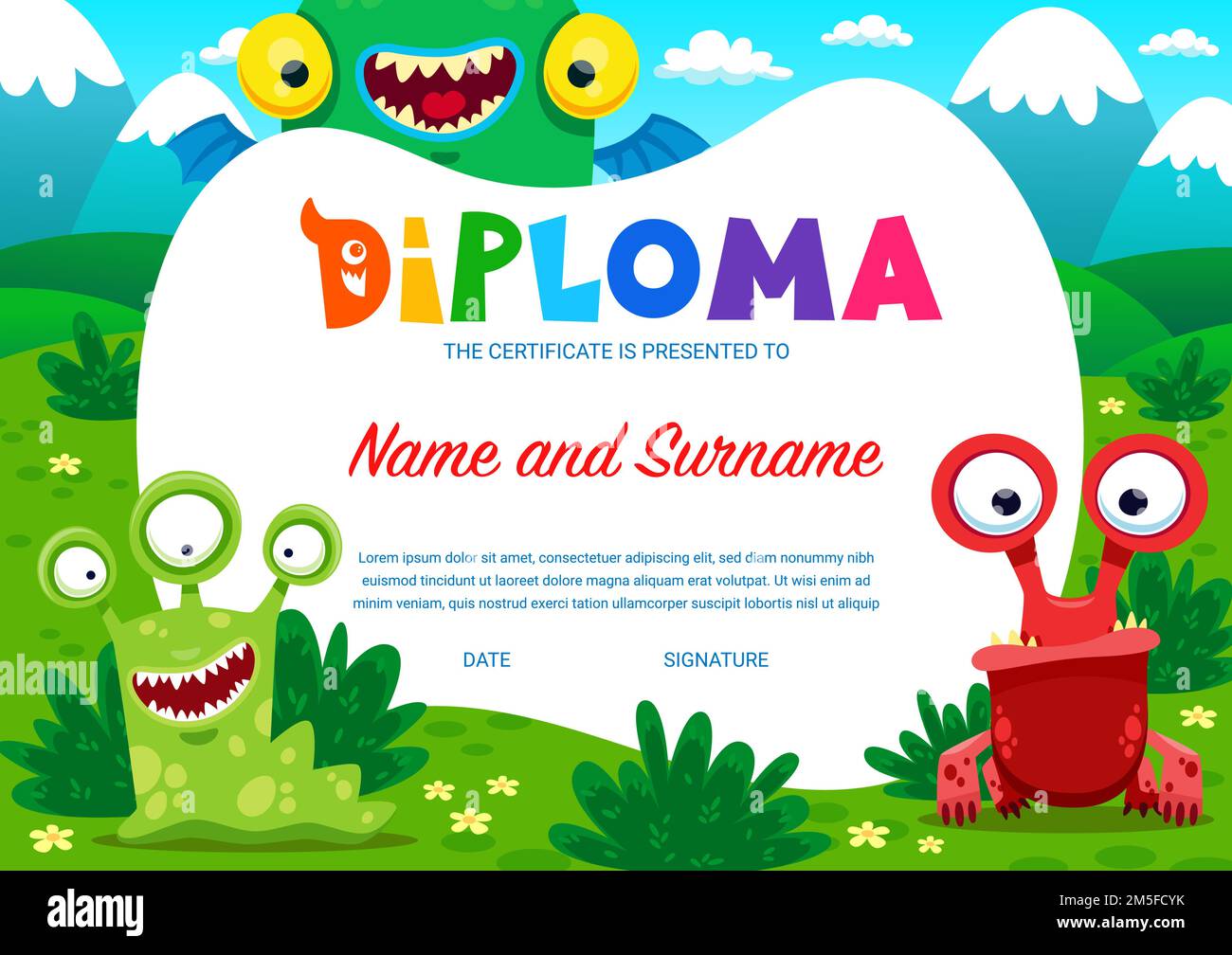 Kids diploma cartoon monster characters. Education school or ...