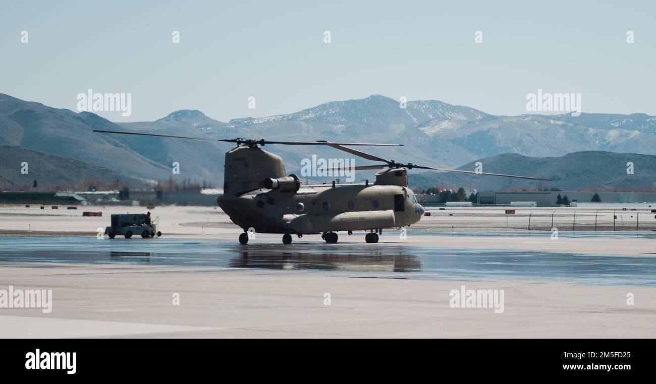 A Nevada Air National Guard CH-47 Chinook helicopter prepares to depart ...