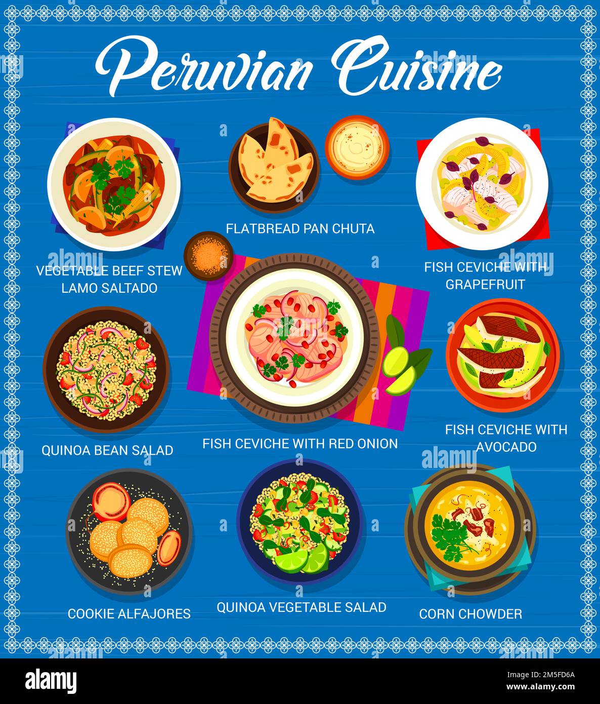 Peruvian cuisine vector menu, fish ceviche with meat vegetable food and ...