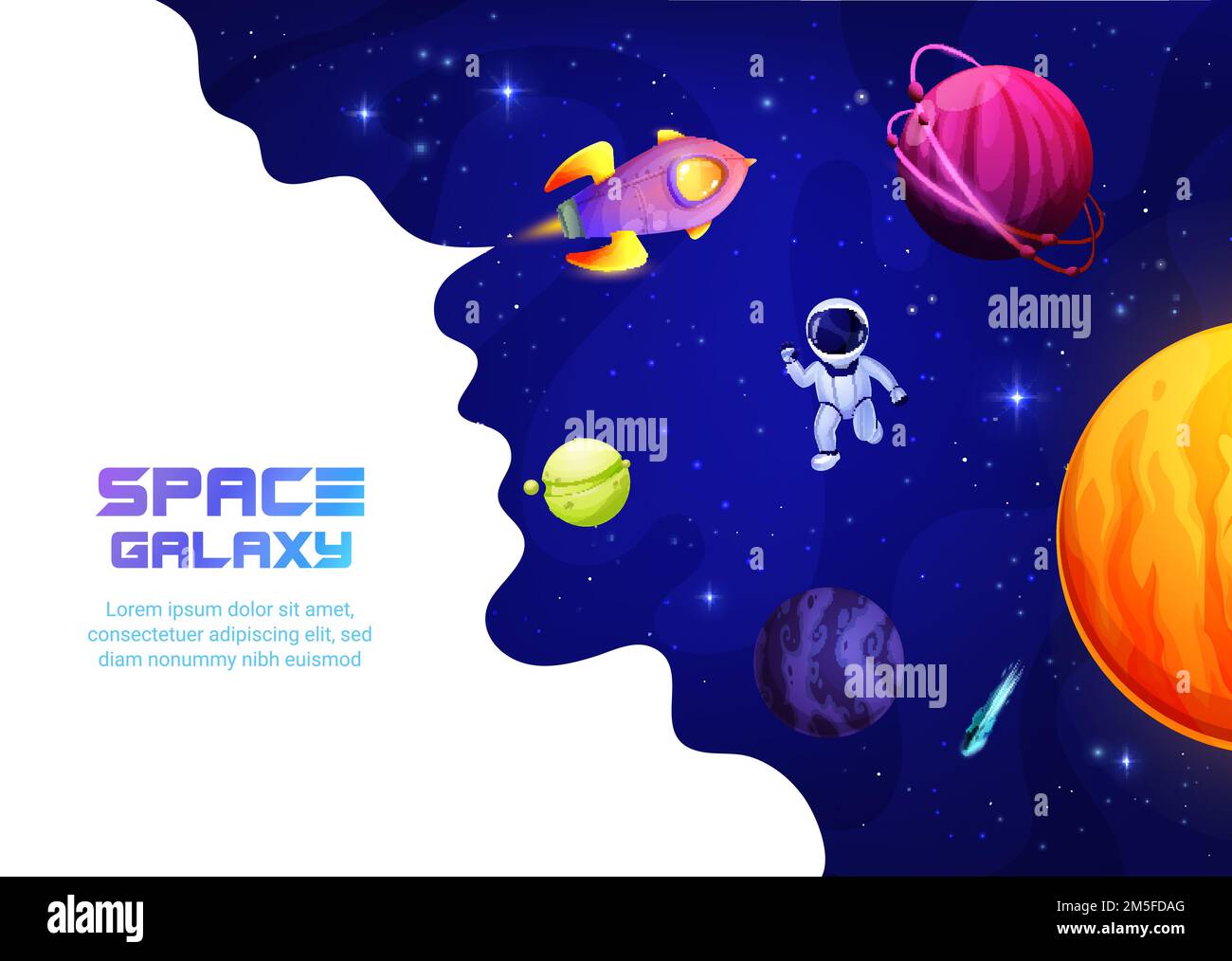 Space landing page. Astronaut and rocket spaceship in outer space ...