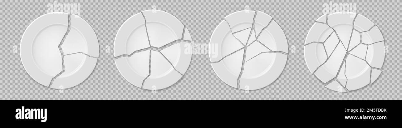 Ceramic broken plates with cracks. White vector round dishes with ...