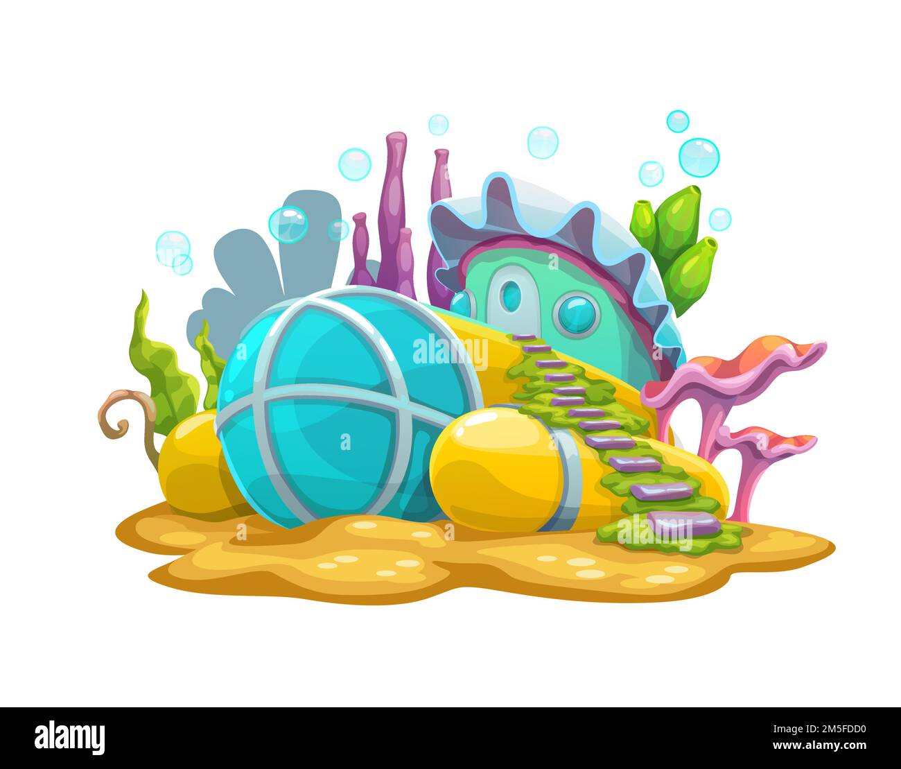 Underwater cartoon sunken bathyscaphe house building. Vector fantasy ...