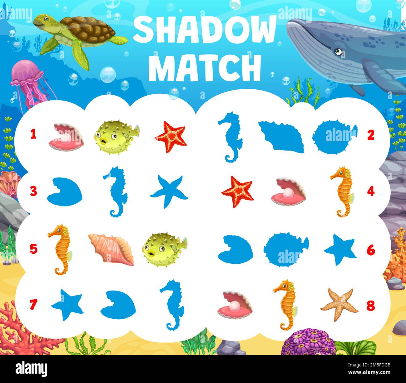 Shadow match game cartoon underwater landscape and animals. Kids ...