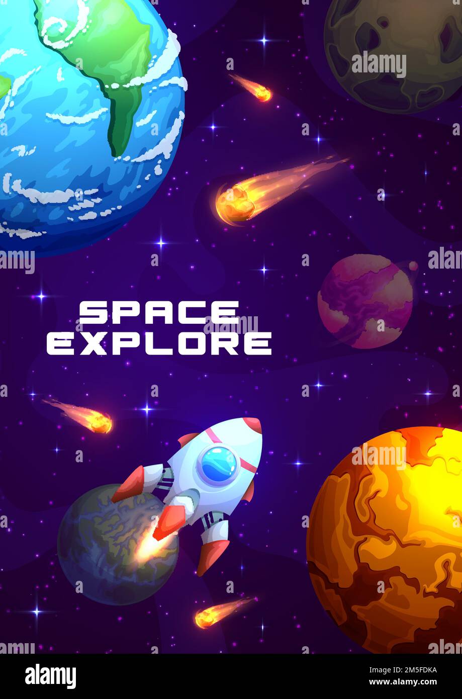 Cartoon galaxy space poster with starry landscape. Space exploration ...