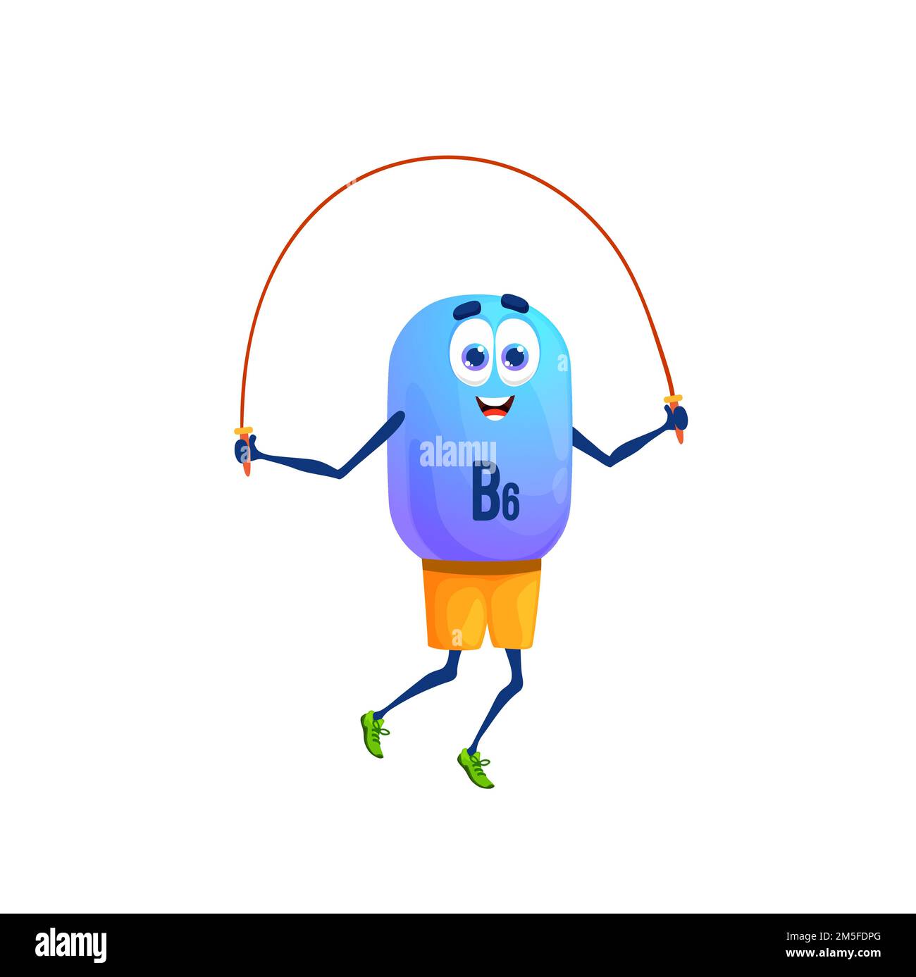 Cartoon vitamin B6 character jumping with rope. Isolated vector Adermin ...