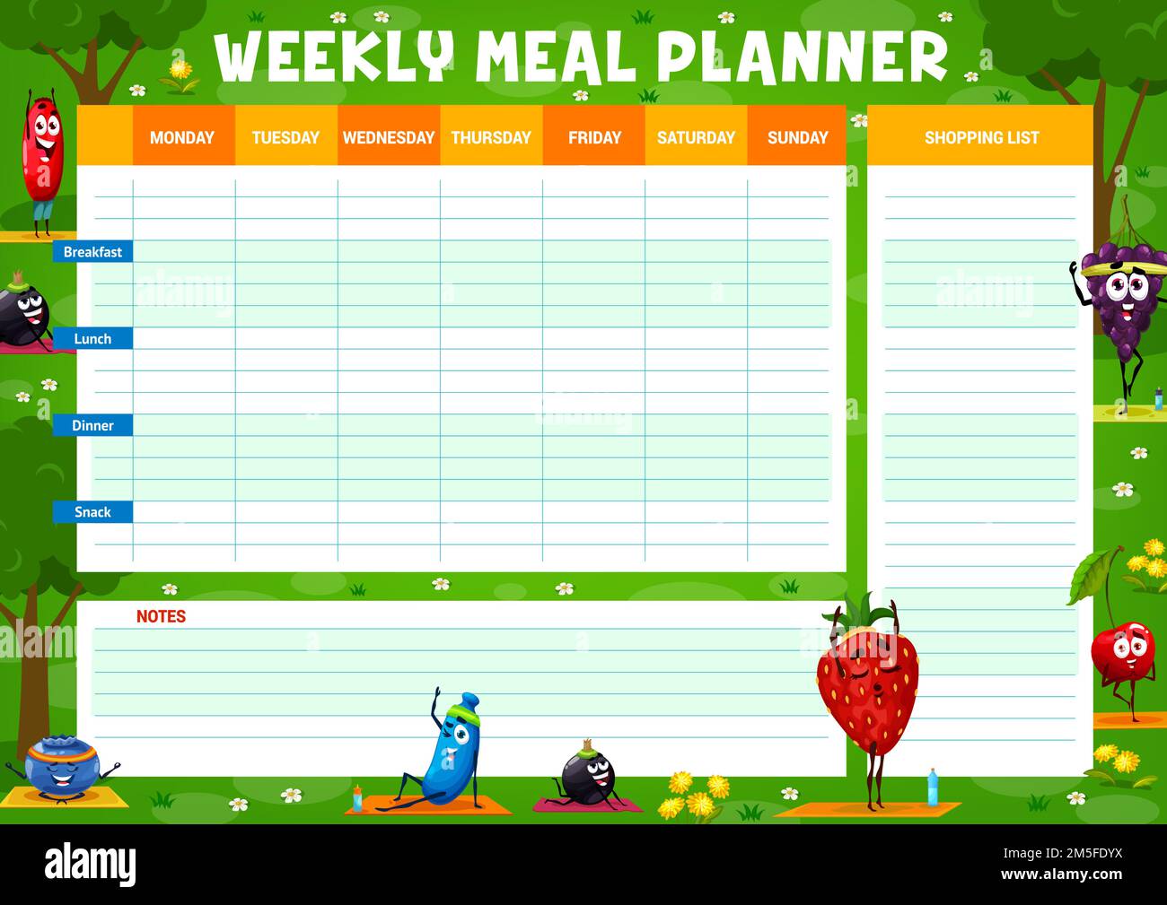 Weekly meal planner, vector timetable with cartoon berries on yoga and ...