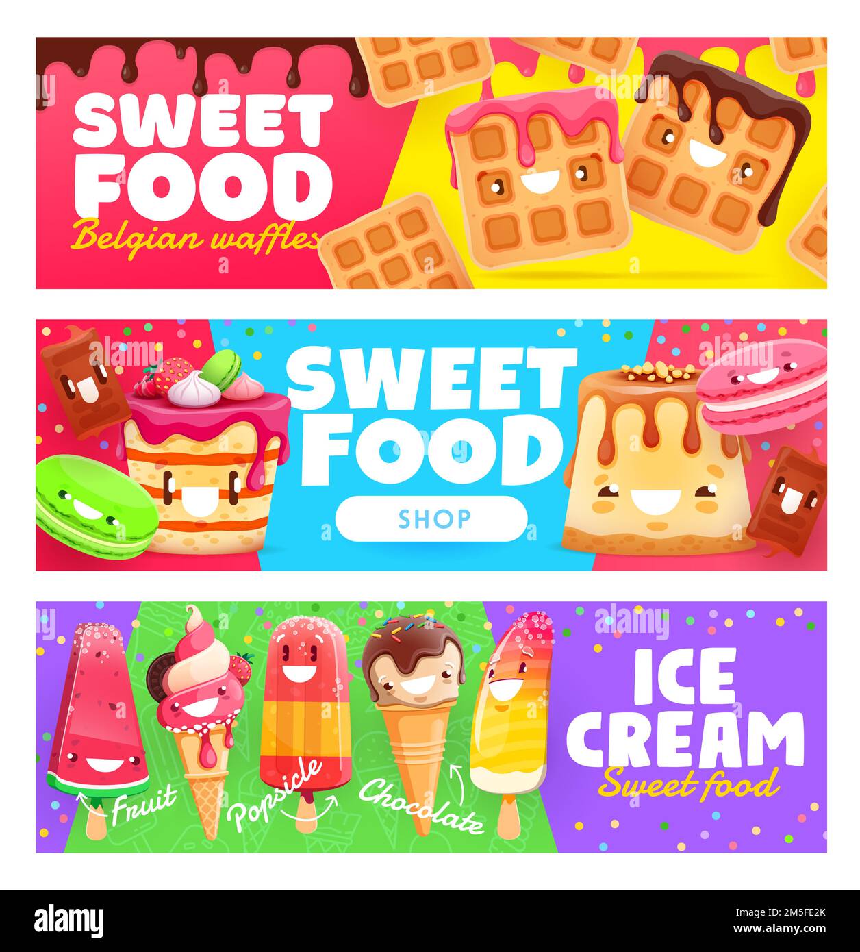 Ice Cream Bakery And Dessert Cartoon Characters Vector Banners With ice-cream-bakery-and-dessert-cartoon-characters-vector-banners-with