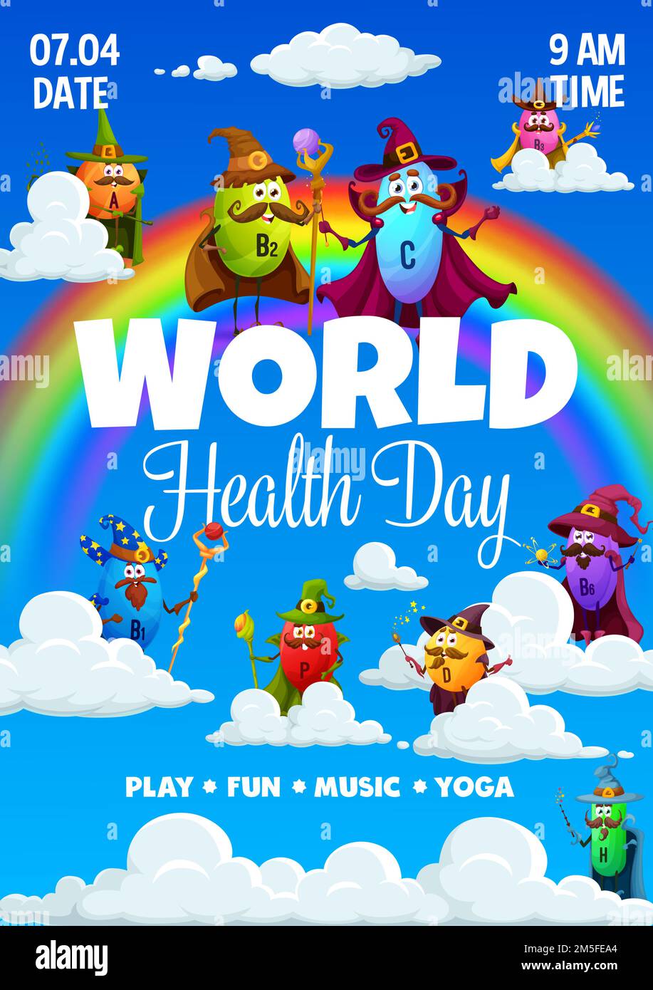 World health day flyer. Cartoon vitamin wizard and mage characters on ...