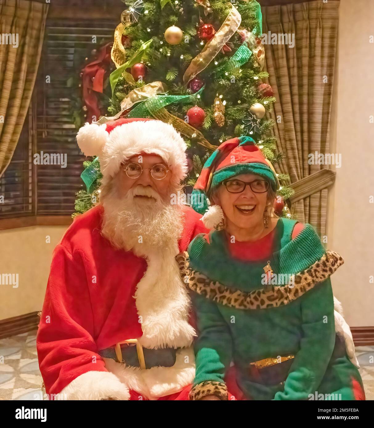 Santa Claus and his elf sitting in front of the Christmas tree ready to ...