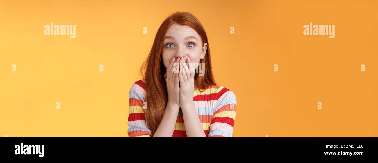 Shocked surprised attractive cute redhead girl receive awesome chance ...