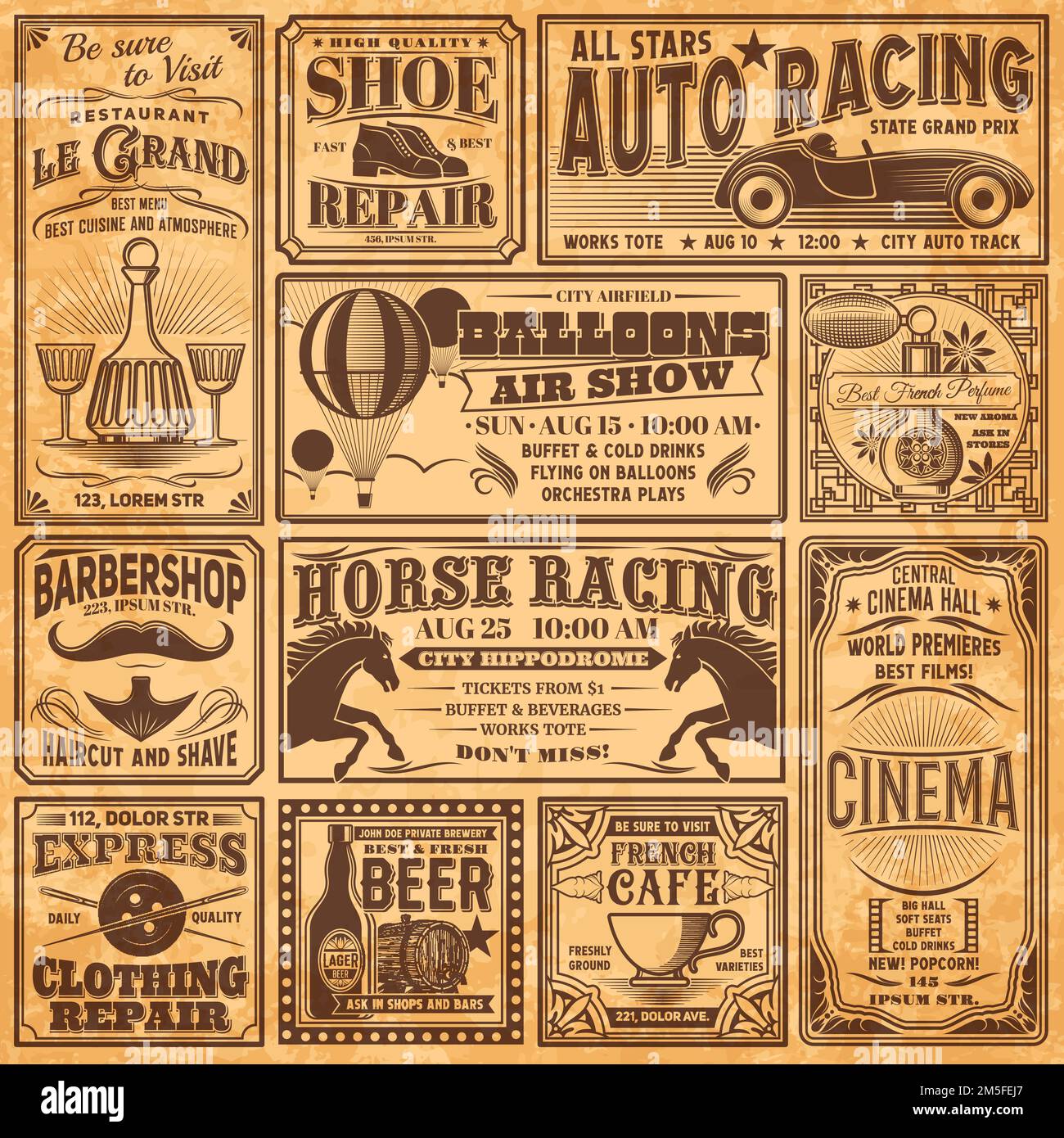 Vintage newspaper banners, old advertising. Barbershop, cinema, air ...