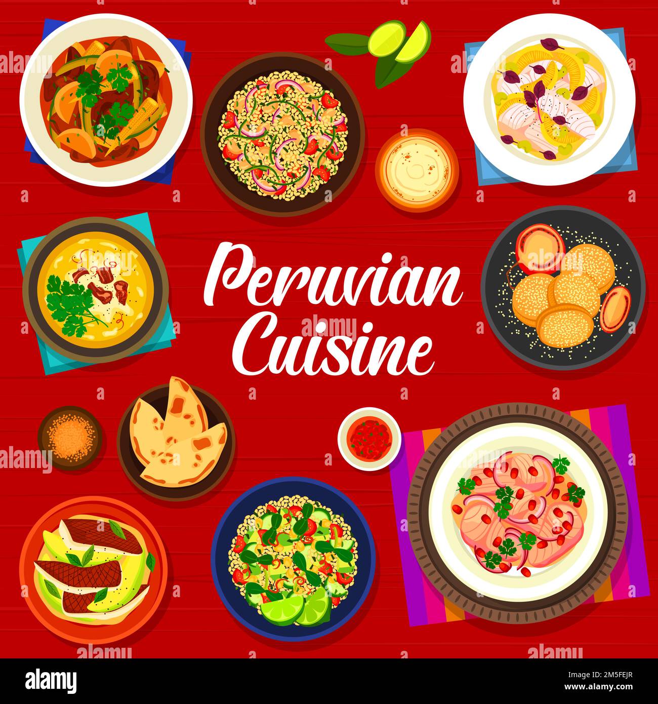 Peruvian cuisine menu cover of vector seafood meal, vegetable fish ...