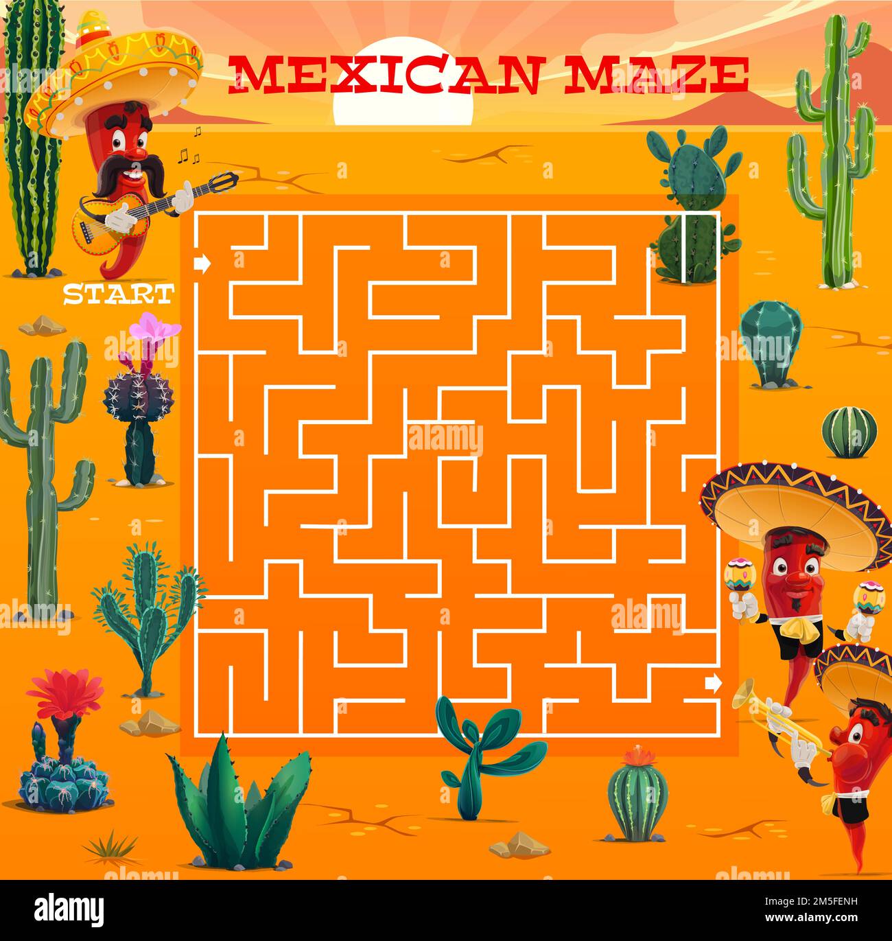 Labyrinth maze and mexican mariachi musician peppers in desert ...