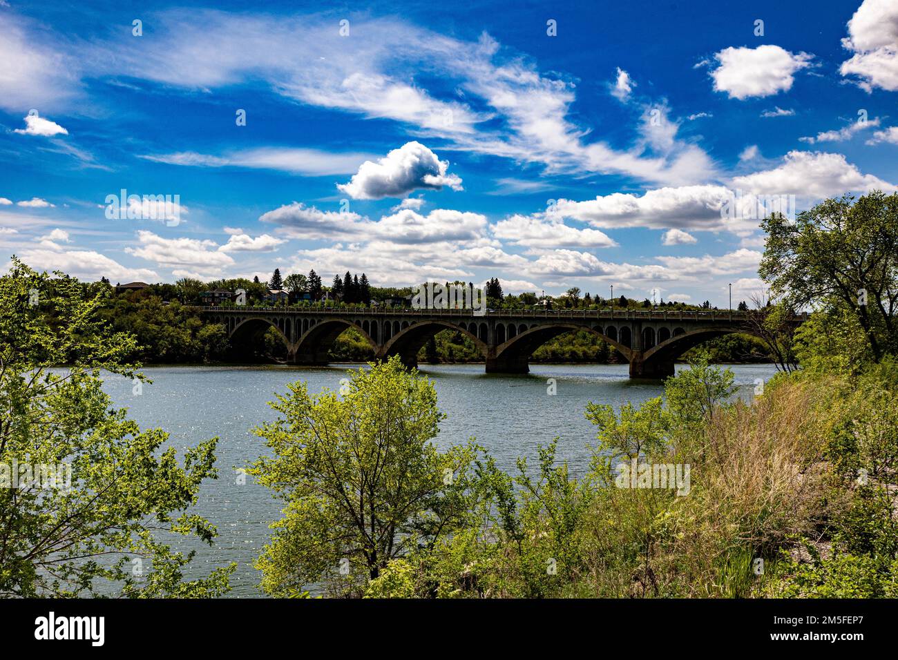The Saskatoon river through trees with bridge view, sunlit sky ...