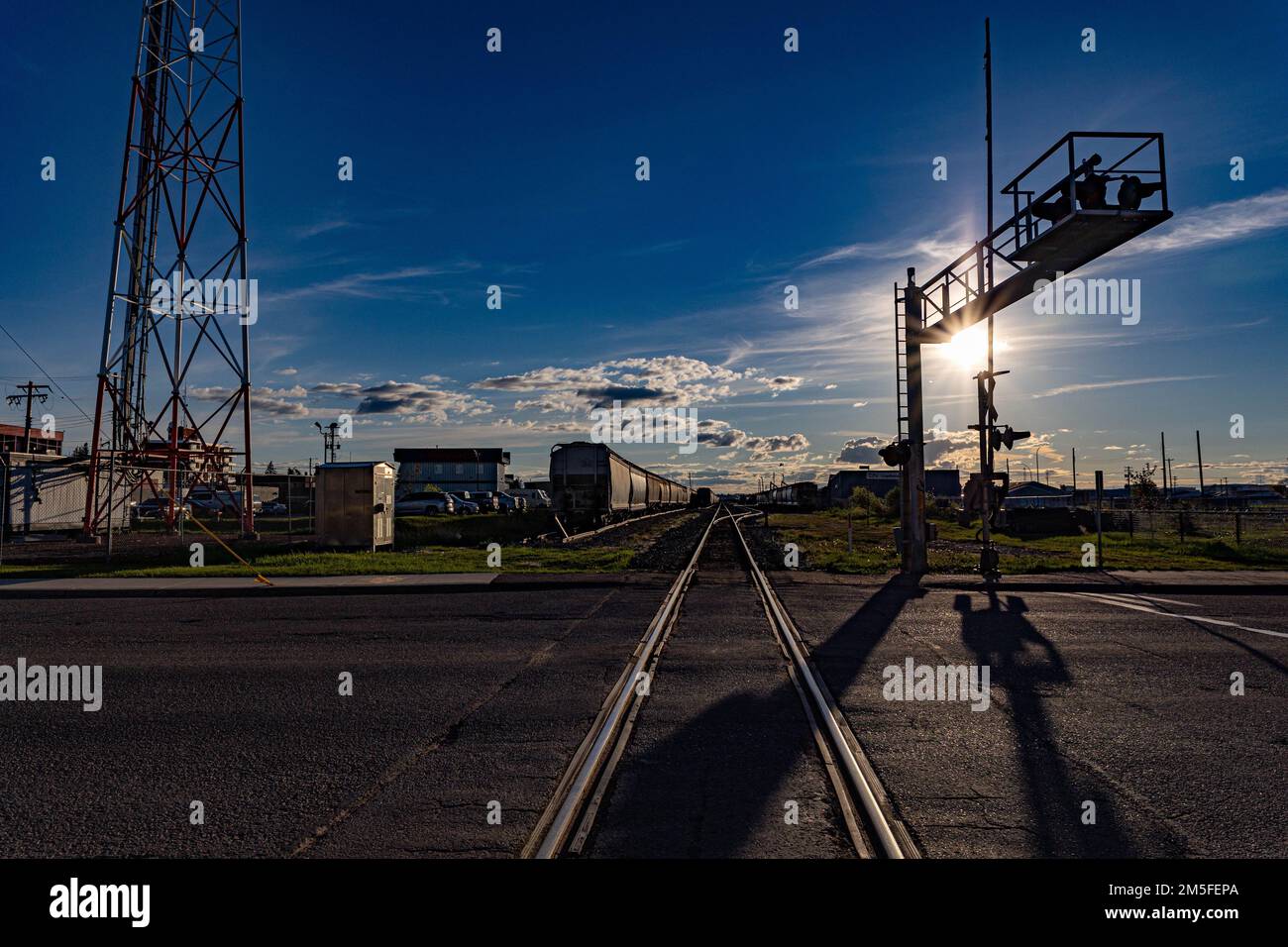 A freight train and rail track in Lloydminster, Saskatchewan, Canada ...